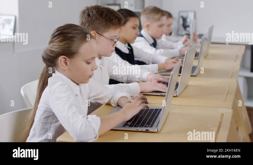 Preteen Caucasian Girl Smiling in Computer Education Class Stock Video ...