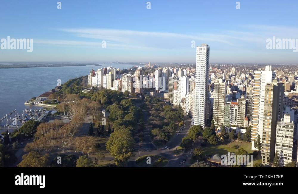 Aerial Drone Scene of Rosario City Skyline and Parana River. Santa Fe ...