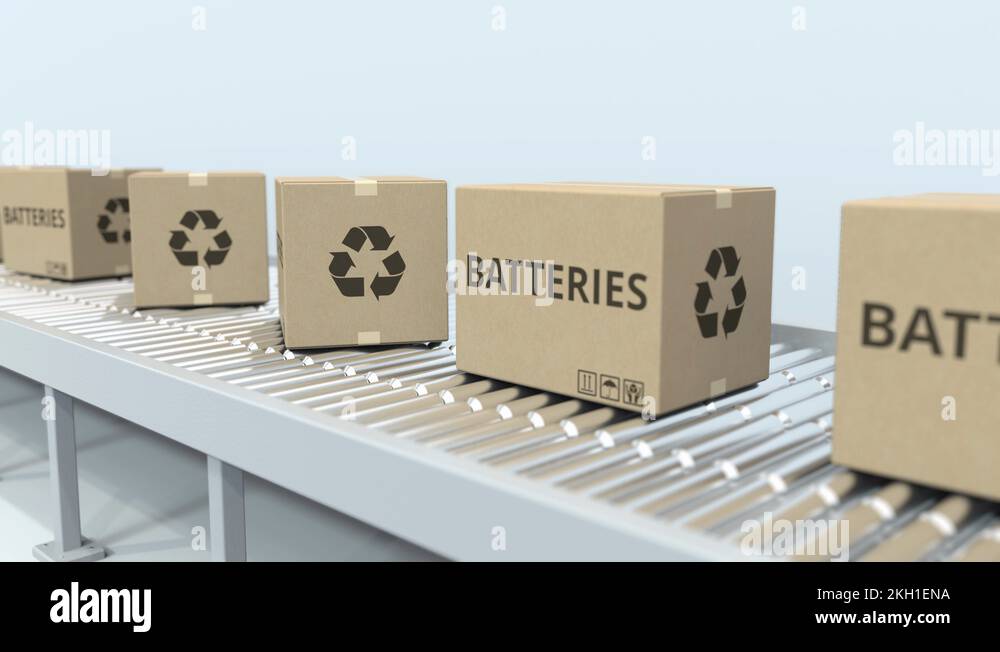 Cartons with batteries on roller conveyor. Loopable 3D animation Stock ...