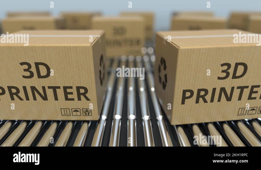 Cartons with 3D printers on roller conveyors. Loopable 3D animation ...