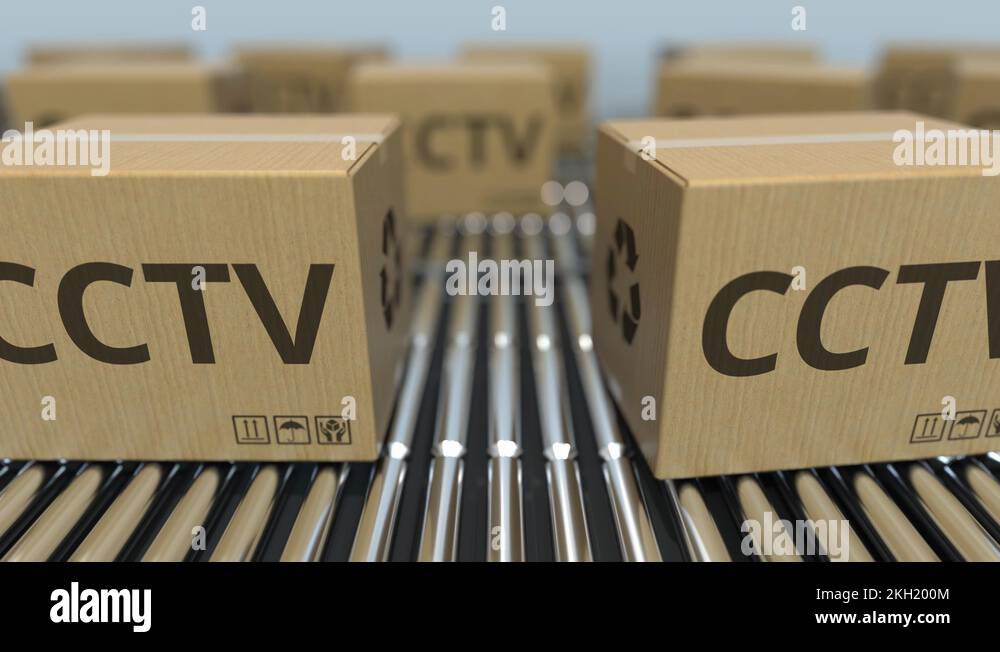 Cartons with CCTV equipment on roller conveyors. Loopable 3D animation ...