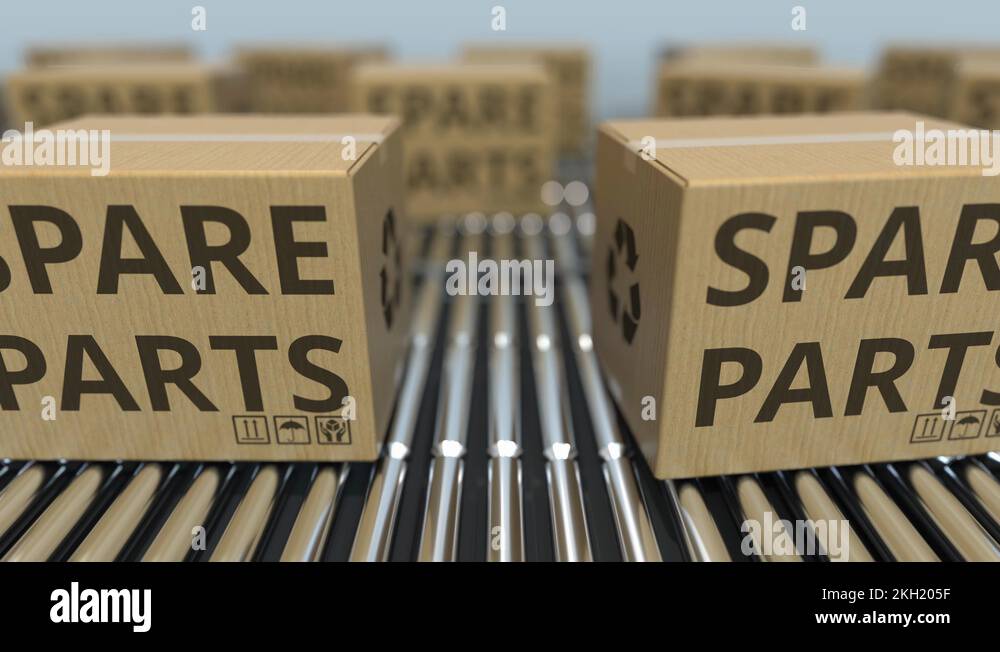 Cartons with spare parts on roller conveyors. Loopable 3D animation ...