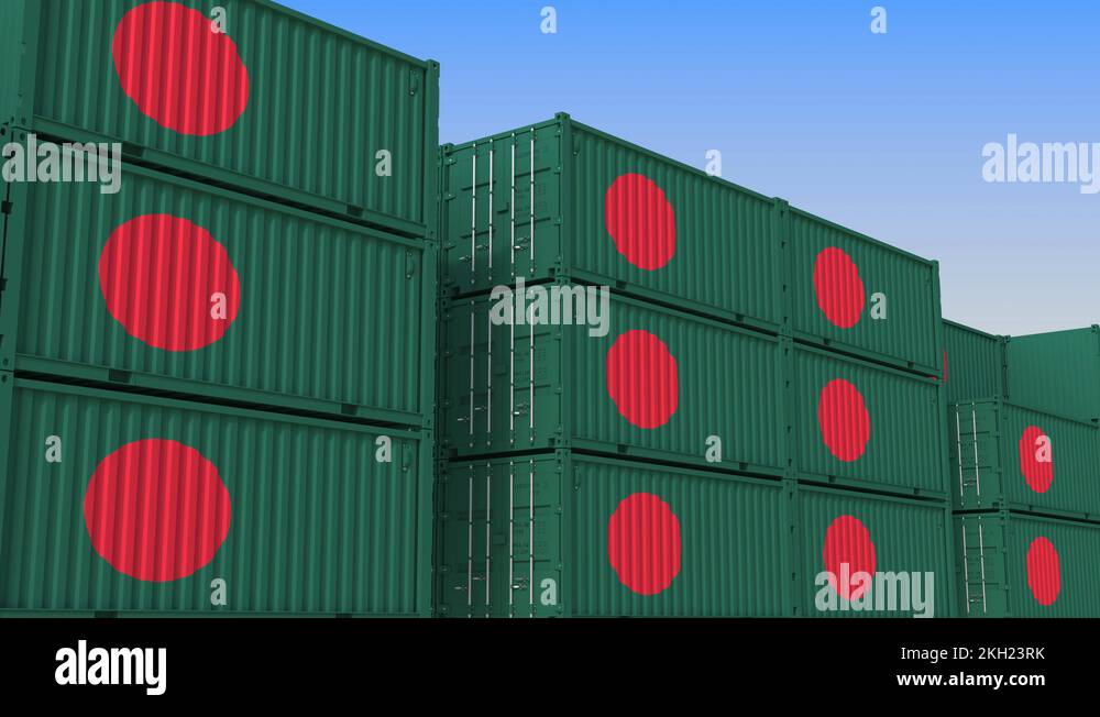 Container terminal full of containers with flag of Bangladesh ...