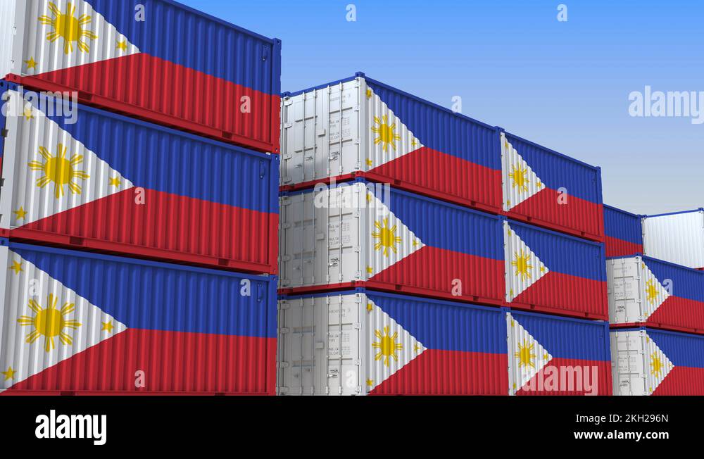Container yard full of containers with flag of Philippines. Export or ...