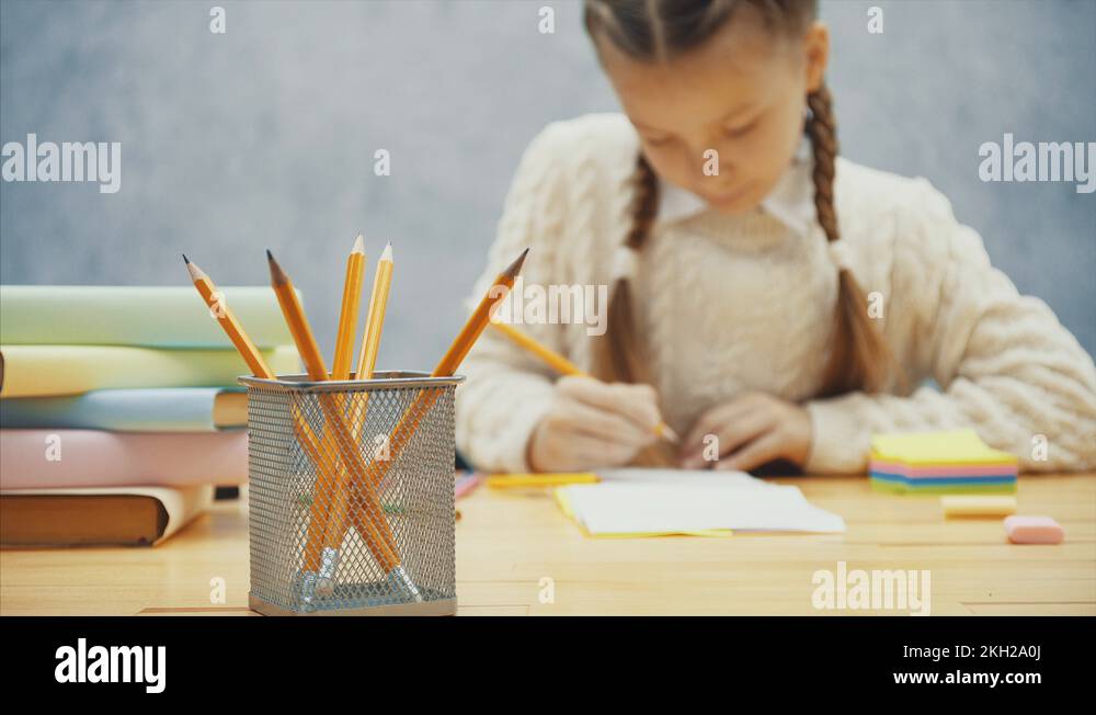 Pretty pupil with nice pigtails is concentrated on the drawing of new ...
