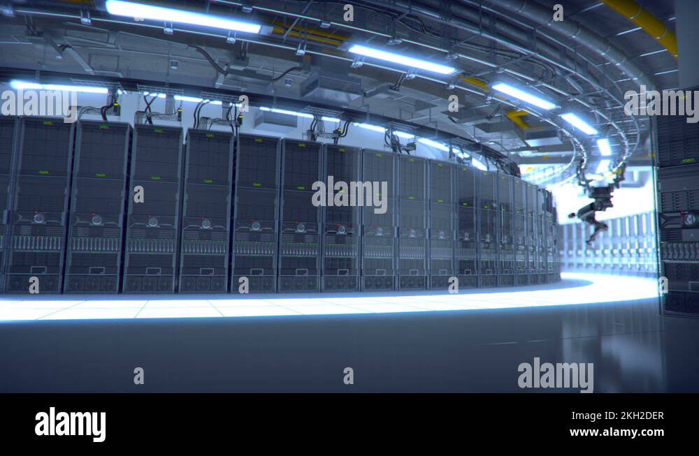 Network and data servers behind glass panels in a server room of a data ...