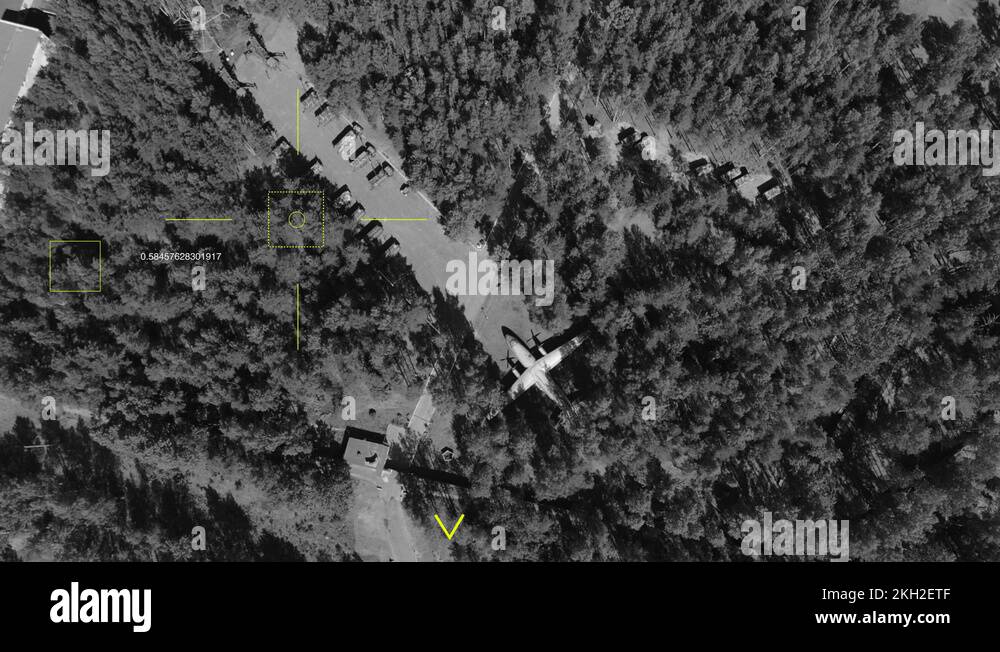 Top view of the military drone destroys objects on a hidden military ...