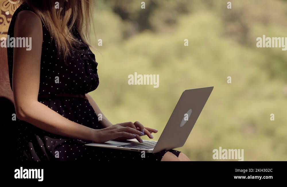 Girl Write Text On Remote Office Project On Laptop.Woman Hands Typing ...