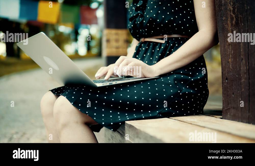 Girl Write Text On Remote Office Project On Laptop.Woman Hands Typing ...
