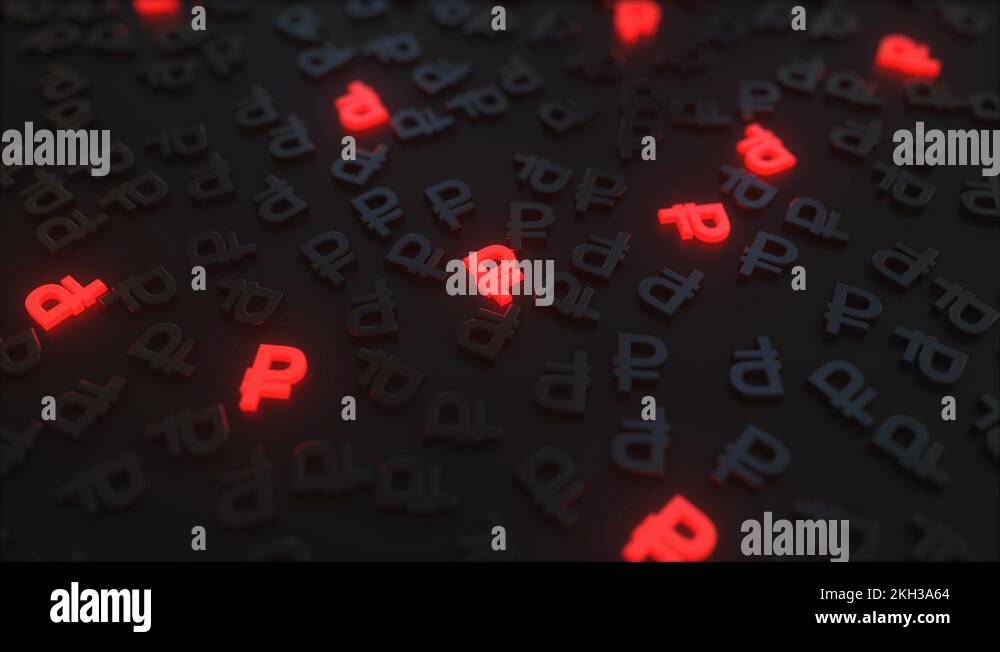 Glowing red ruble signs among black RUR symbols. Conceptual 3D ...