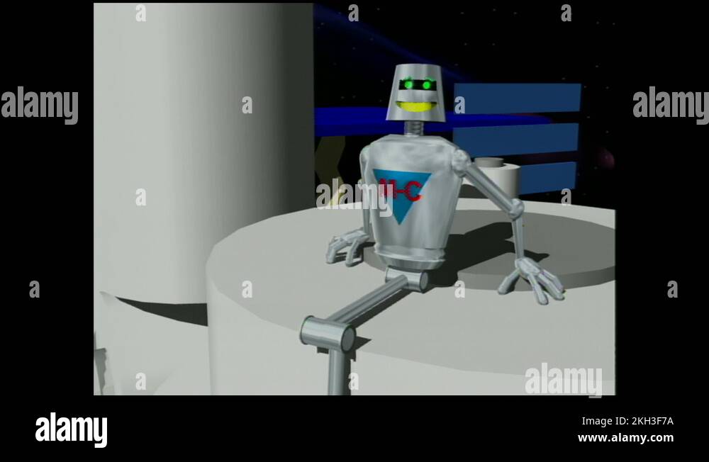 2000s: Animated robot M-C perches on a table and talks. Computer ...