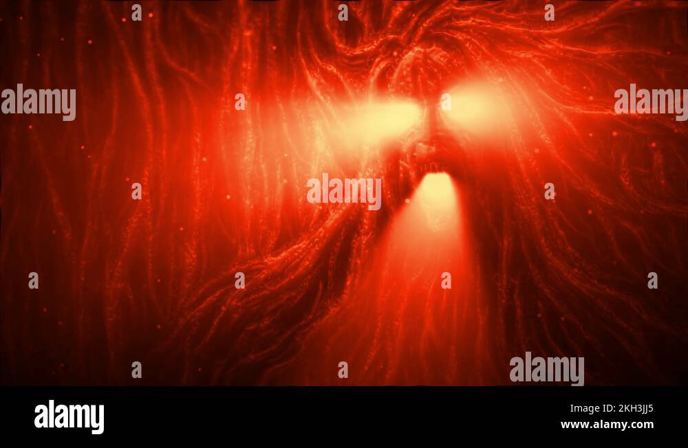 Scary demon woman in tree with rays of light from her eyes and mouth ...