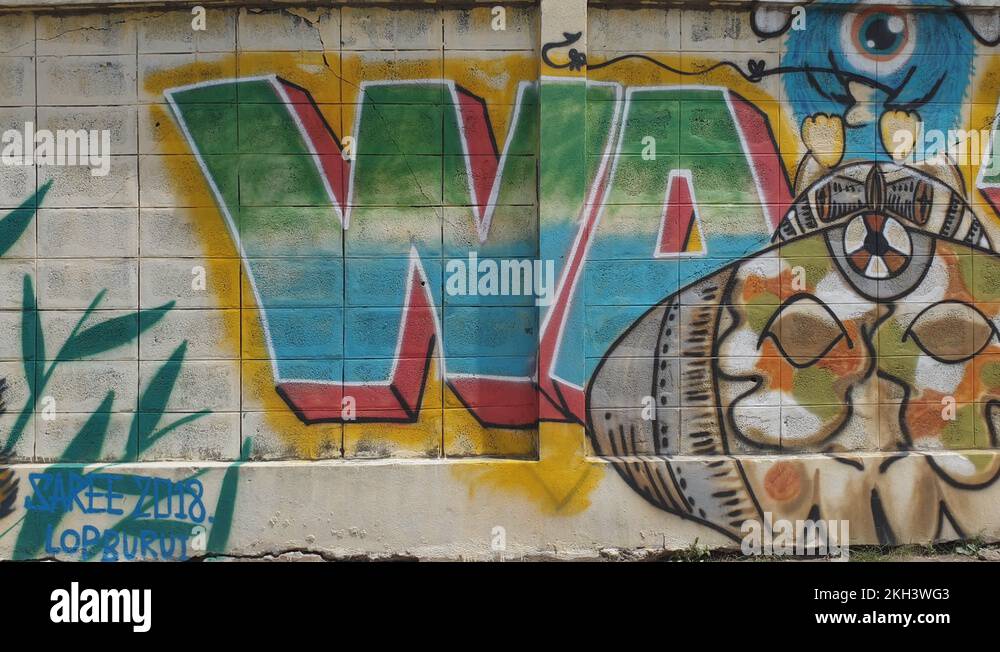 Graffiti on wall at public street in Lopburi, Thailand Stock Video ...