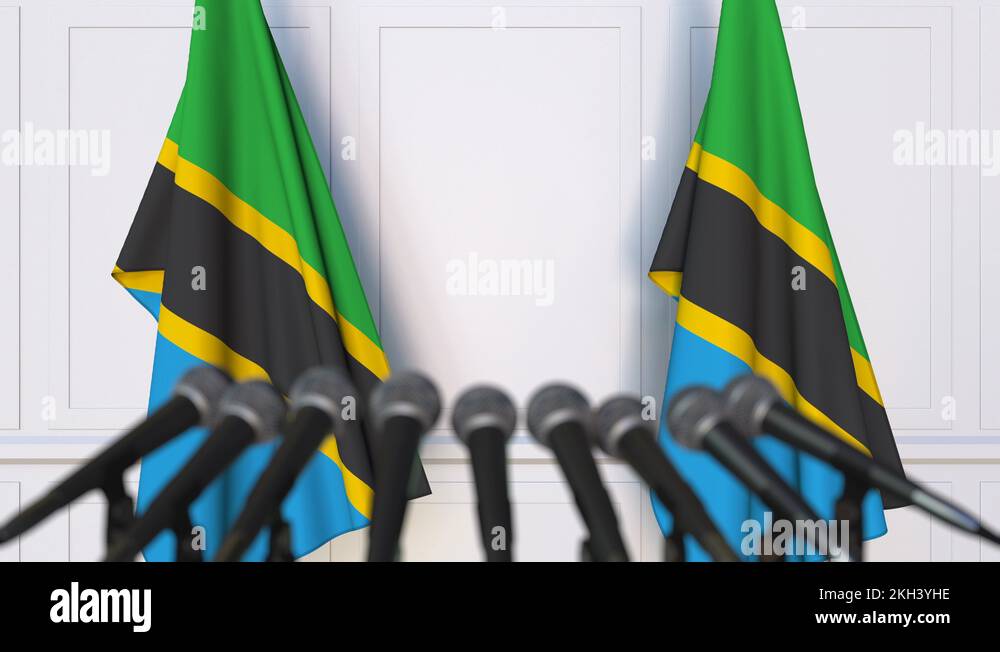 Tanzanian official press conference. Flags of Tanzania and microphones ...