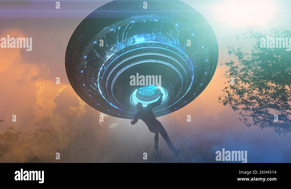 Man floating to inside of ufo alien ship. Concept of alien abduction 3d ...