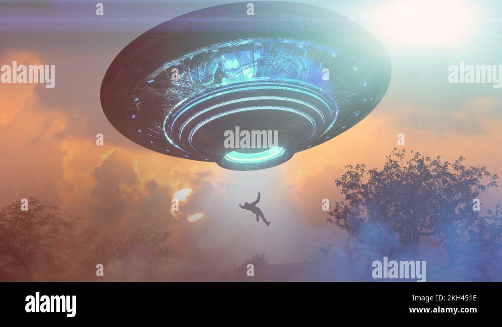 Man floating to inside of ufo alien ship. Concept of alien abduction 3d ...