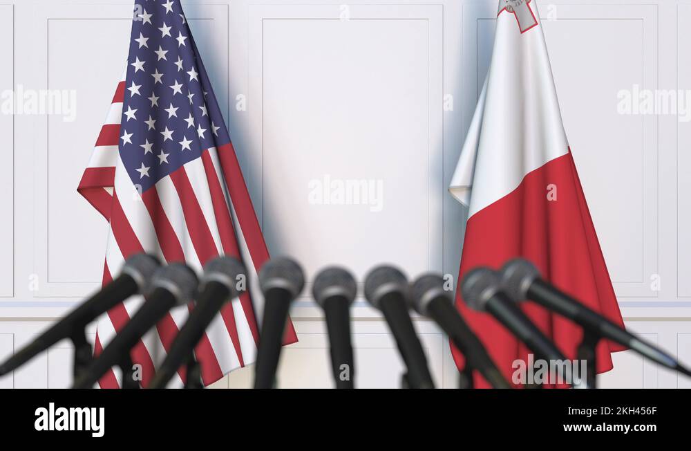 Flags of the USA and Malta at international meeting or conference. 3D ...