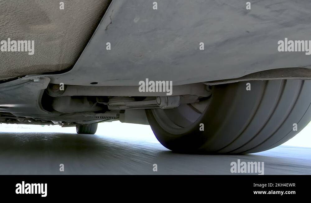Car's wheels spinning while driving fast, low view under the car Stock ...