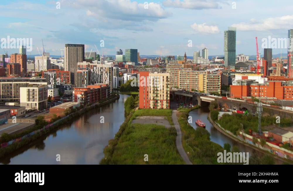 manchester aerial view rising up over railway city centre uk Stock ...