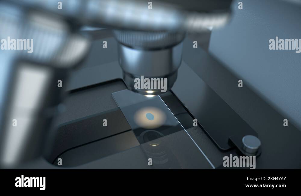 Laboratory microscope science research inspecting chemical drop on ...