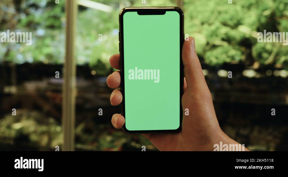Close up of the black vertical smartphone with a chroma key being held ...