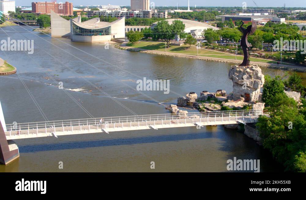 Drone Above the Keeper of the Plains Bridge, Wichita Kansas Stock Video ...