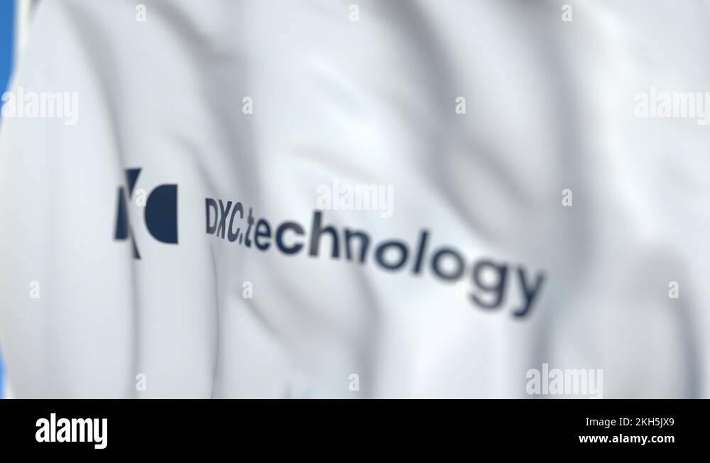 Flying flag with DXC Technology logo, close-up. Editorial loopable 3D ...