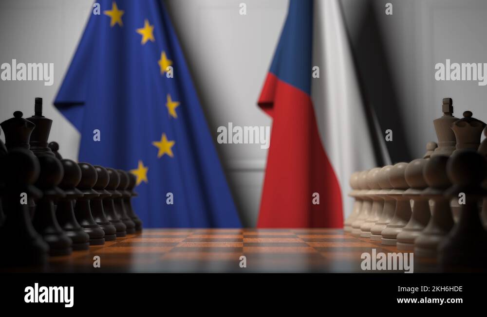 Flags of the EU and the Czech Republic behind chess board. The first ...