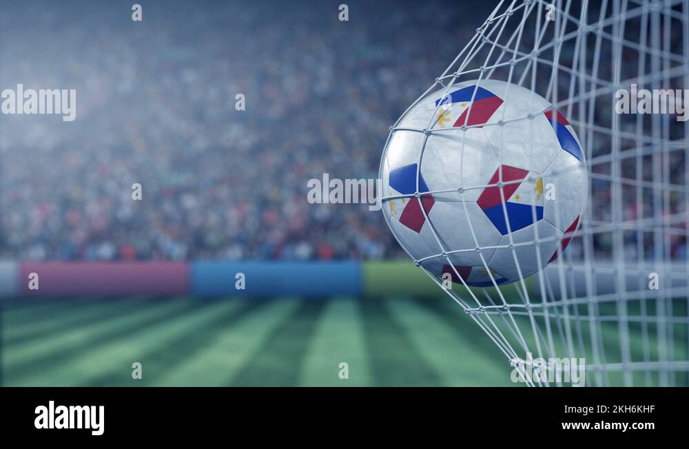 Flag of Philippines on the ball in football net. Conceptual 3D ...