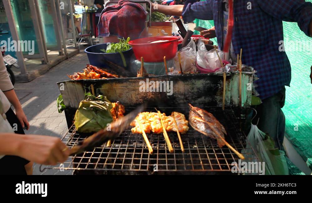 Grilled Fish, BBQ,Thai Food, Colourful Street Food Life in Bangkok ...