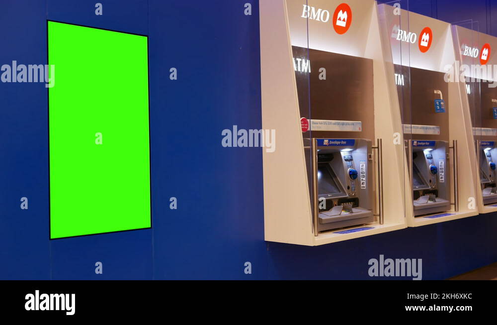 Motion of green screen beside ATM machine inside Burnaby shopping mall ...
