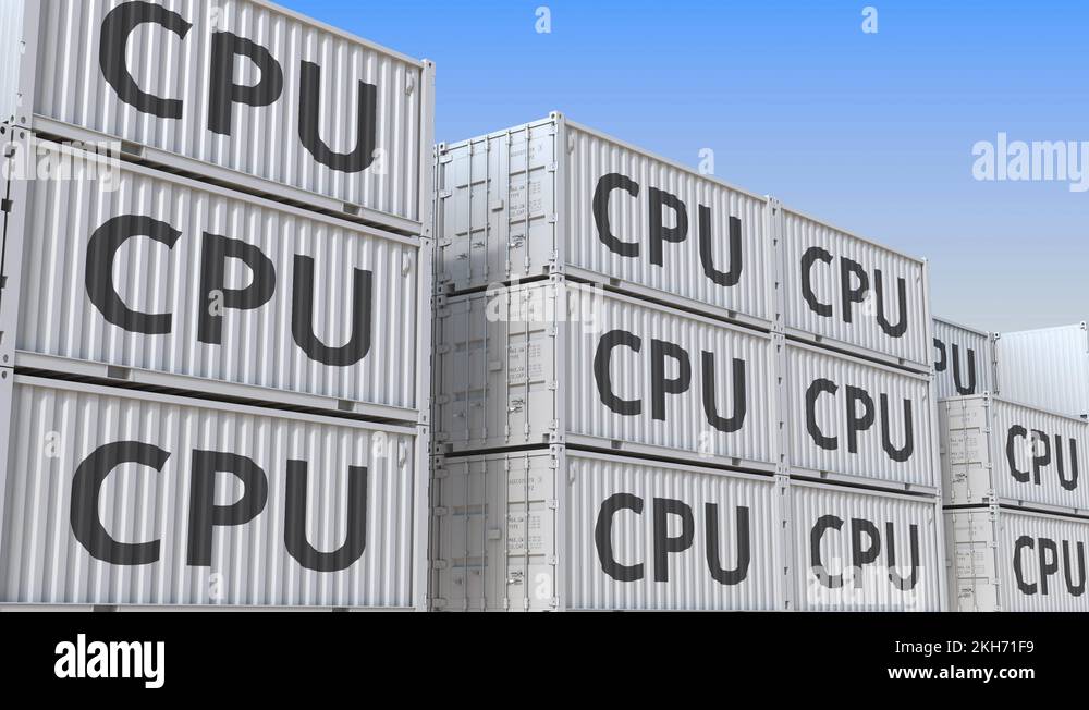 Container terminal full of containers with computer CPUs. Production ...