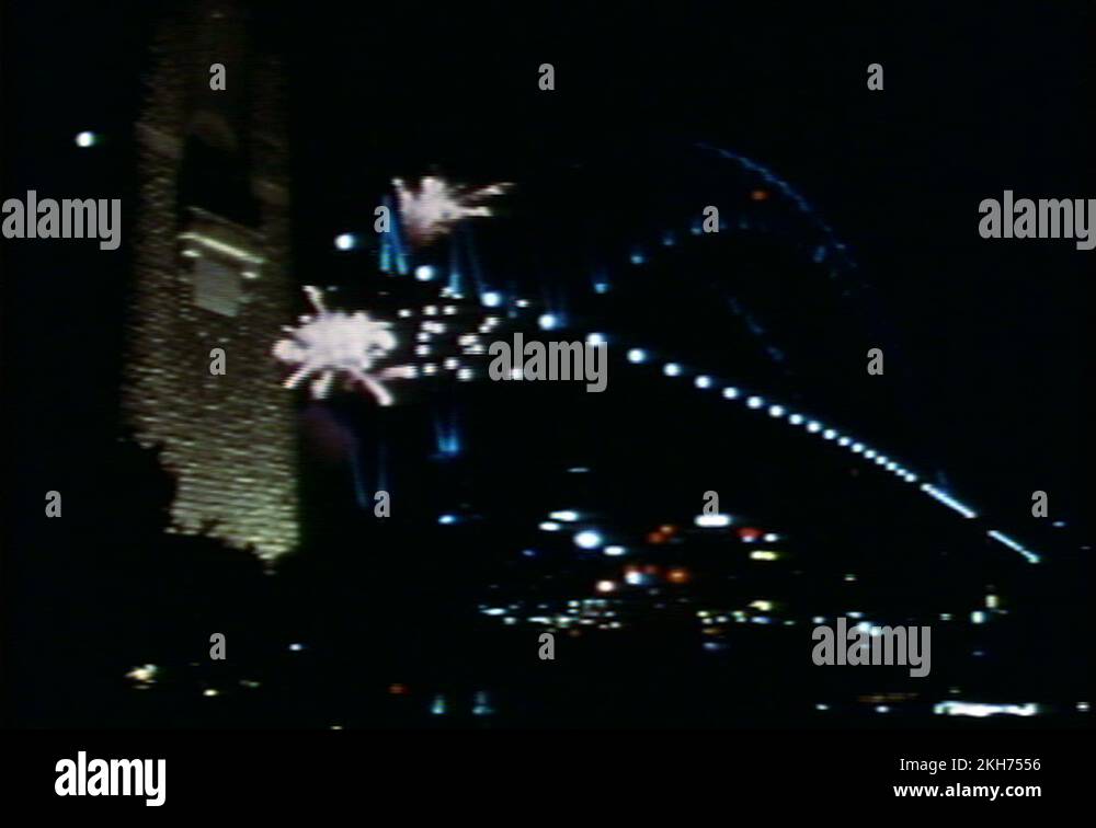 SYDNEY, AUSTRALIA, 1985, Fireworks over QE2 and the Sydney Opera House ...