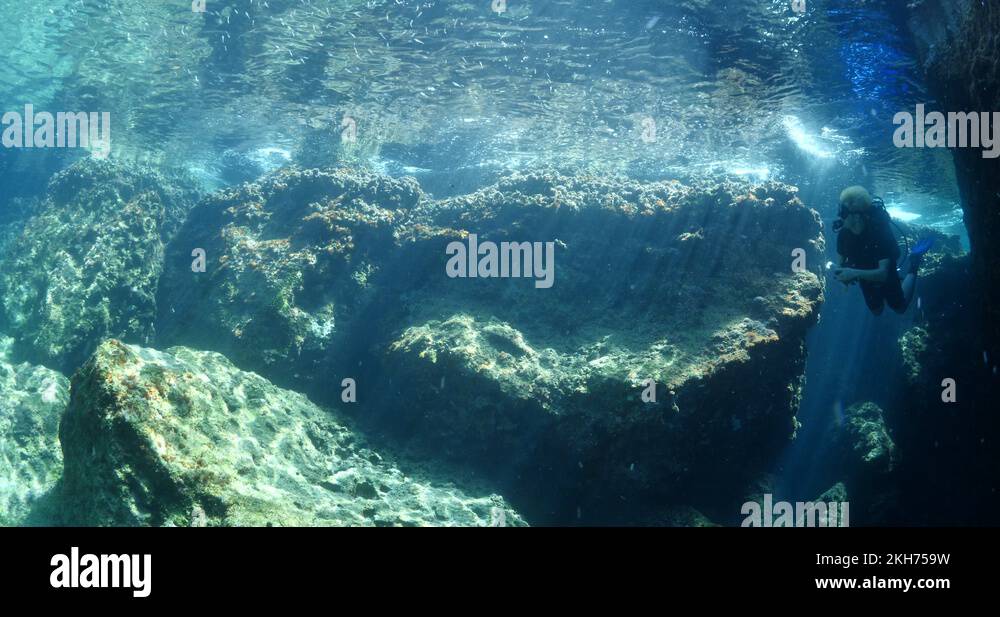 scuba diver exploring the caves reefs rocks underwater slow Stock Video ...