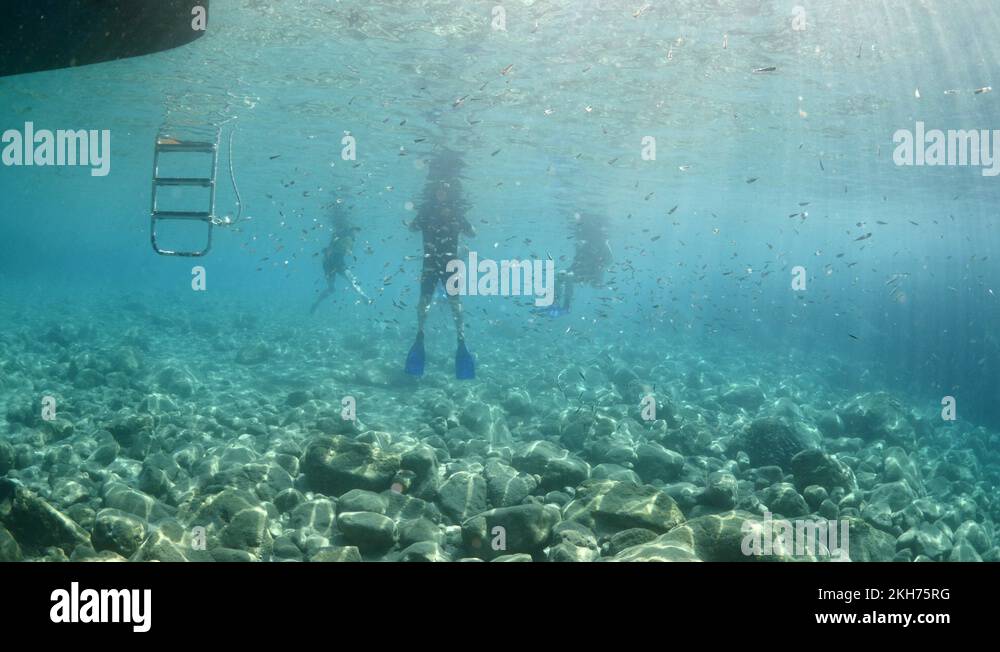 sun beam sun shine scenery under the boat underwater with fish slow ...
