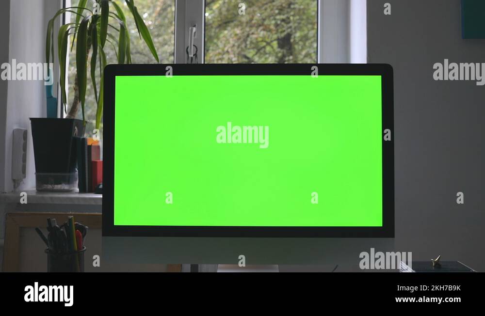 Workplace at loft room with personal computer green screen and chroma ...