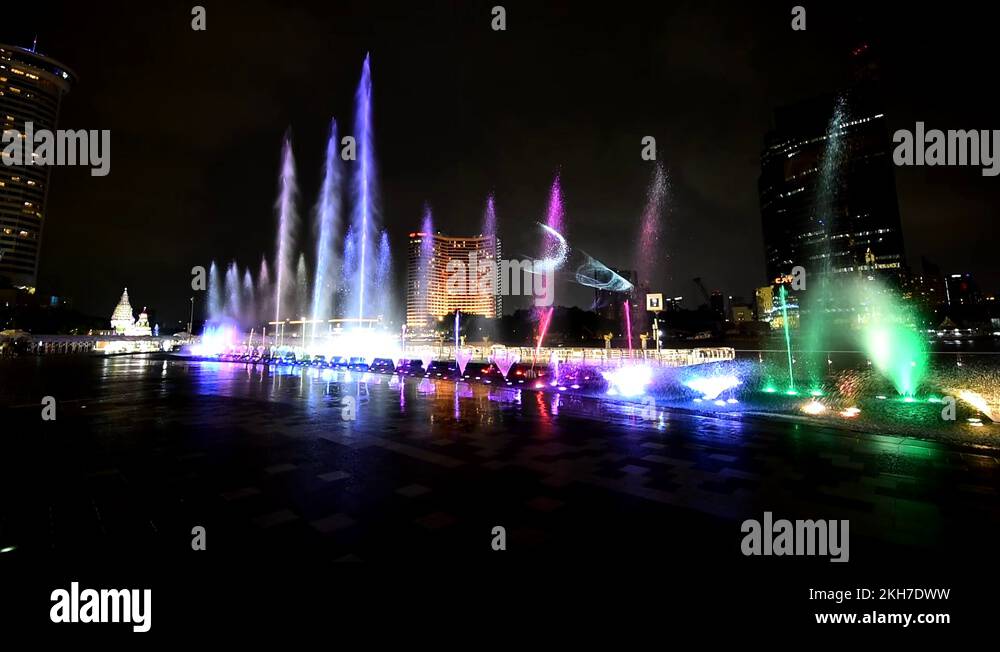 the fountain showing with lighting in night time at ICON SIAM shopping ...