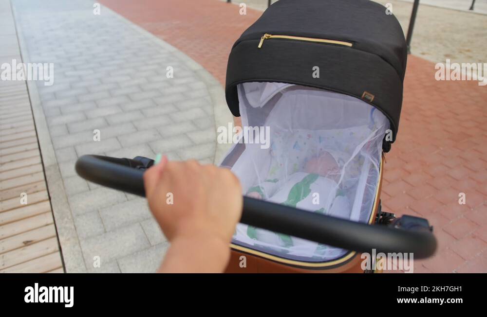 Female hands pushing a baby pram outdoors at promenade in summer ...