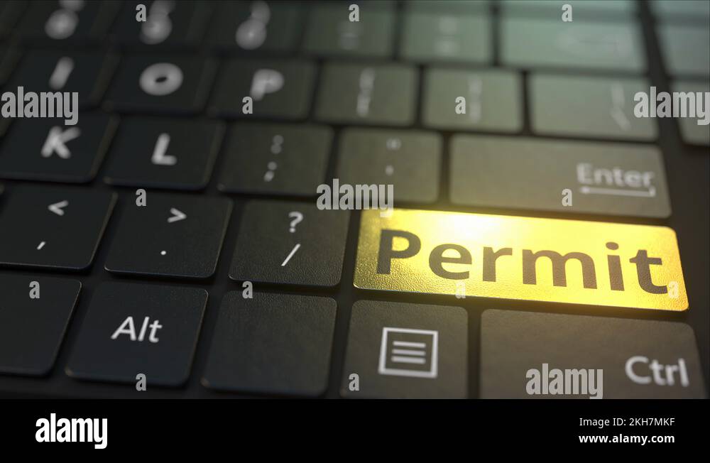 Black computer keyboard and gold permit key. Conceptual 3D animation ...