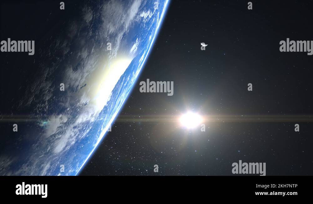 Planet earth and moon. View from space. Stars twinkle. Flight over the ...