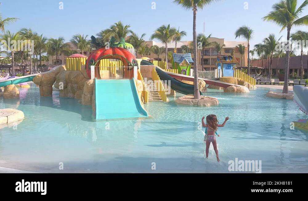 Children Playing in Waterpark and Pool at Resort, Aerial Drone Stock ...