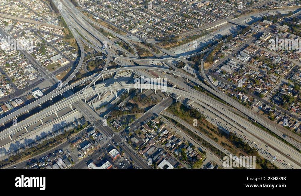 4K. Drone footage. Complex scenic Los angeles highway junction. Bird ...