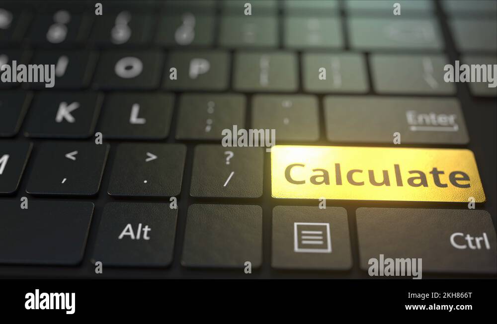 Black computer keyboard and gold calculate key. Conceptual 3D animation ...