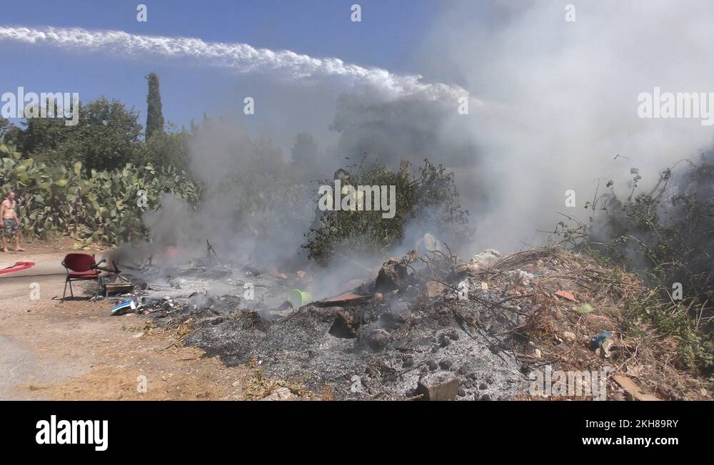 Firefighter protect trees by spraying water on waste fire to avoid big ...