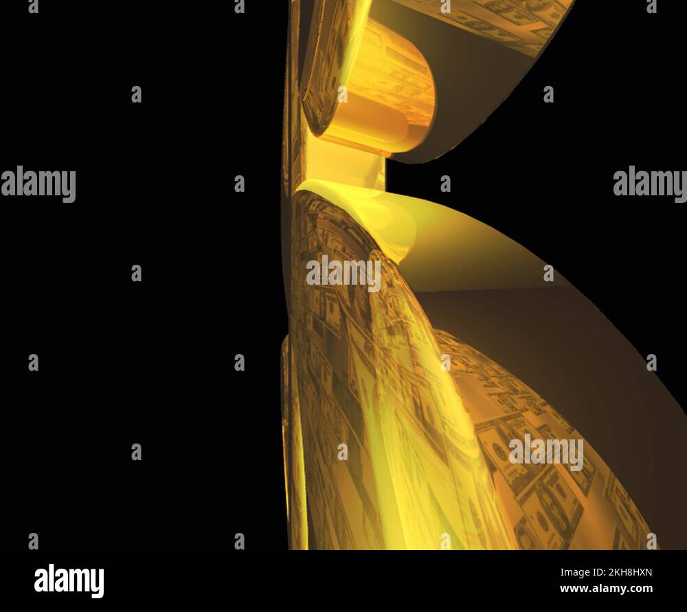 computer animated imagery of a gold dollar sign with cash reflecting in ...
