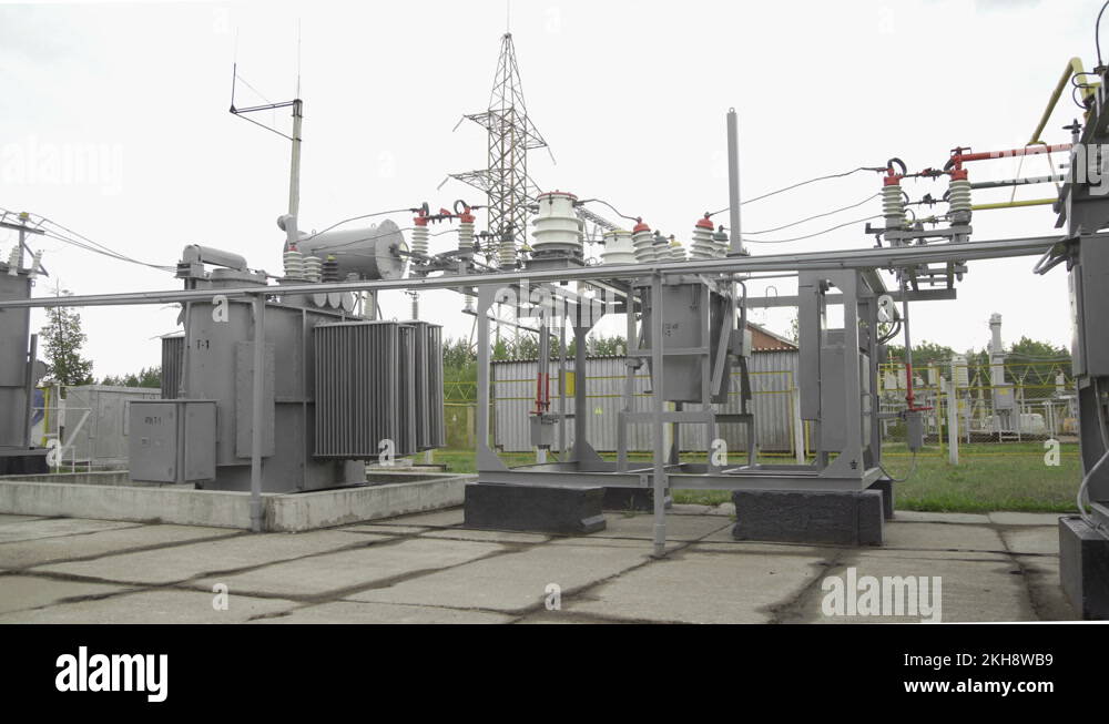 Transformer substation. High-voltage SF6 circuit breaker. Circuit ...