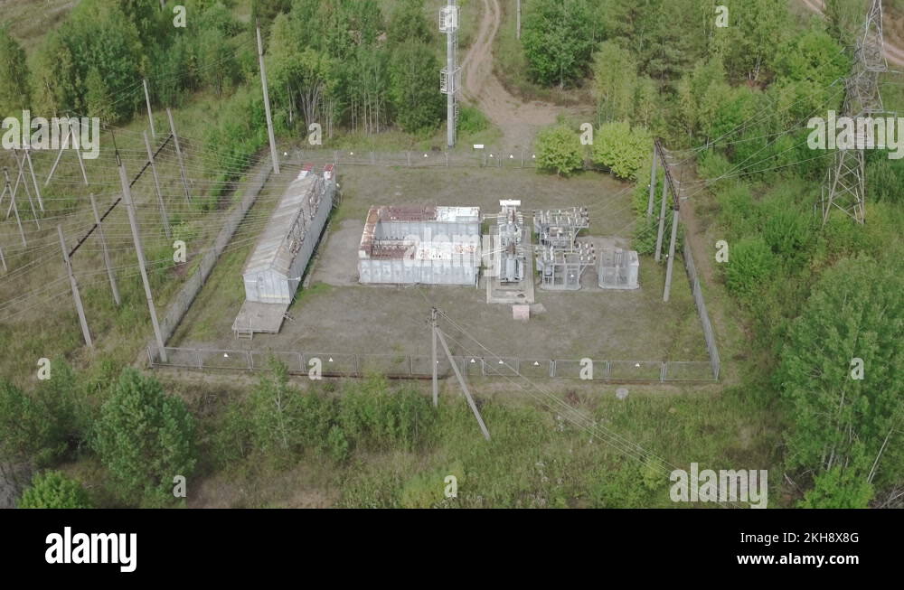 Aerial view of Transformer substation. High-voltage SF6 circuit breaker ...