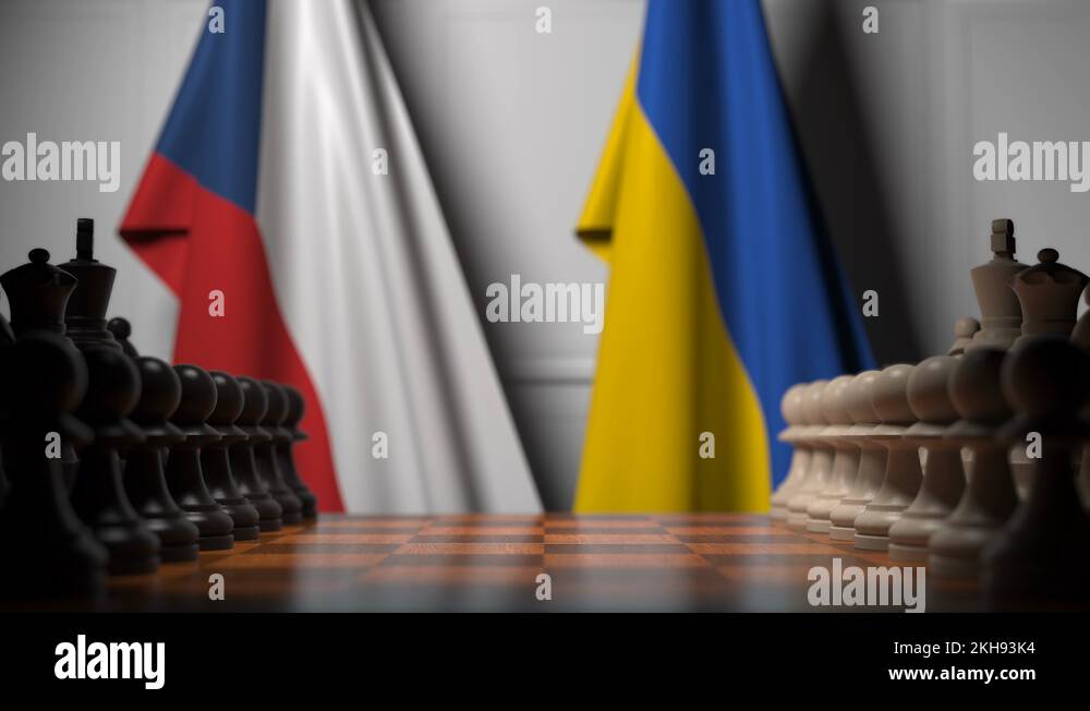 Flags of Czech Republic and Ukraine behind pawns on the chessboard ...
