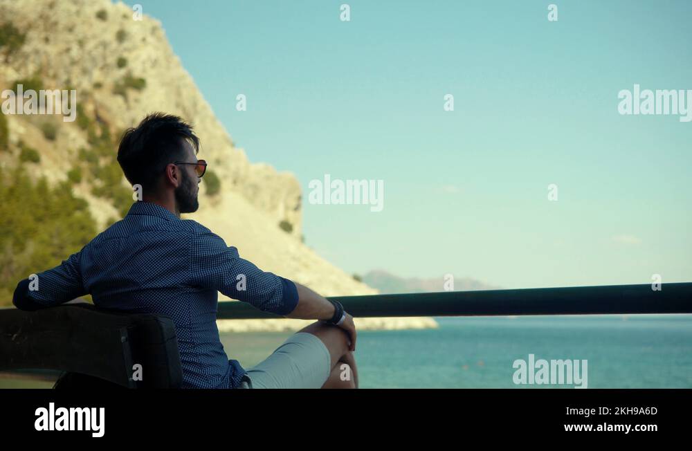 Man Sitting On Bench.Man Looking At Sea.Lonely Romantic Man Rest Stock ...