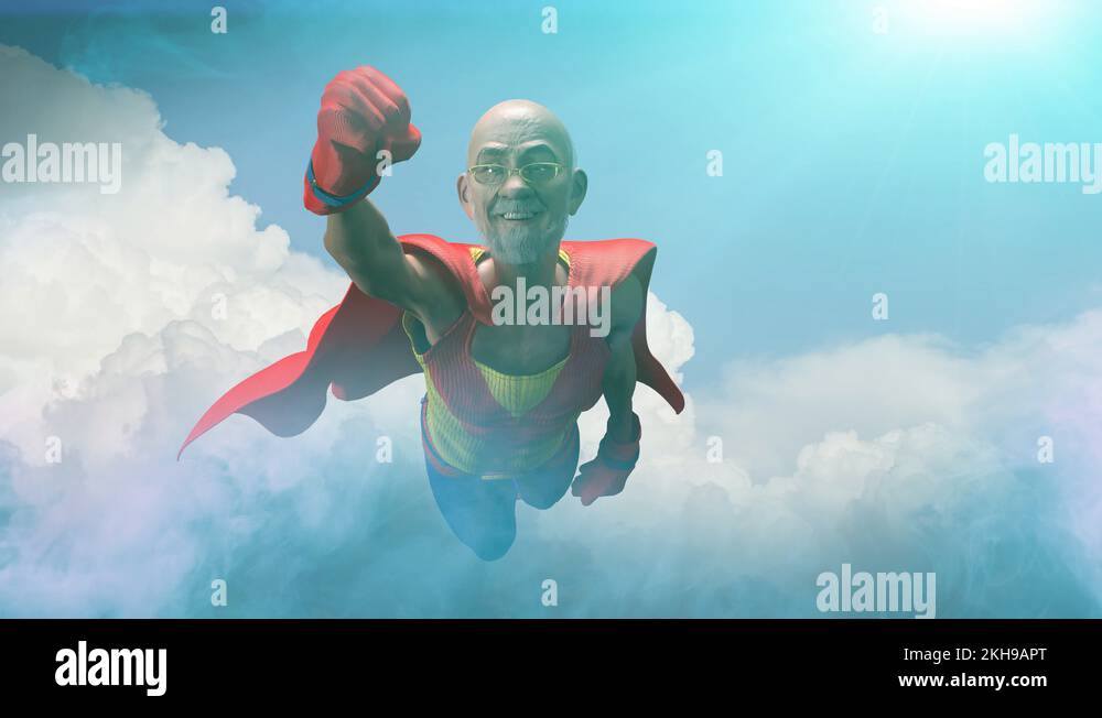 comics Superhero old man showing is power strength toon style 3d render ...